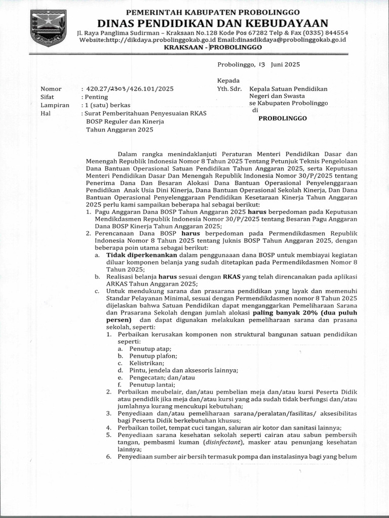 Surat Edaran Penyesuaian RKAS Atas Perubahan Juknis | PDF