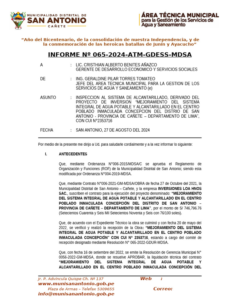 Informe N°065-2024-Atm-Gdess-Mdsa - Inspeccion Del Sistema Dse ...