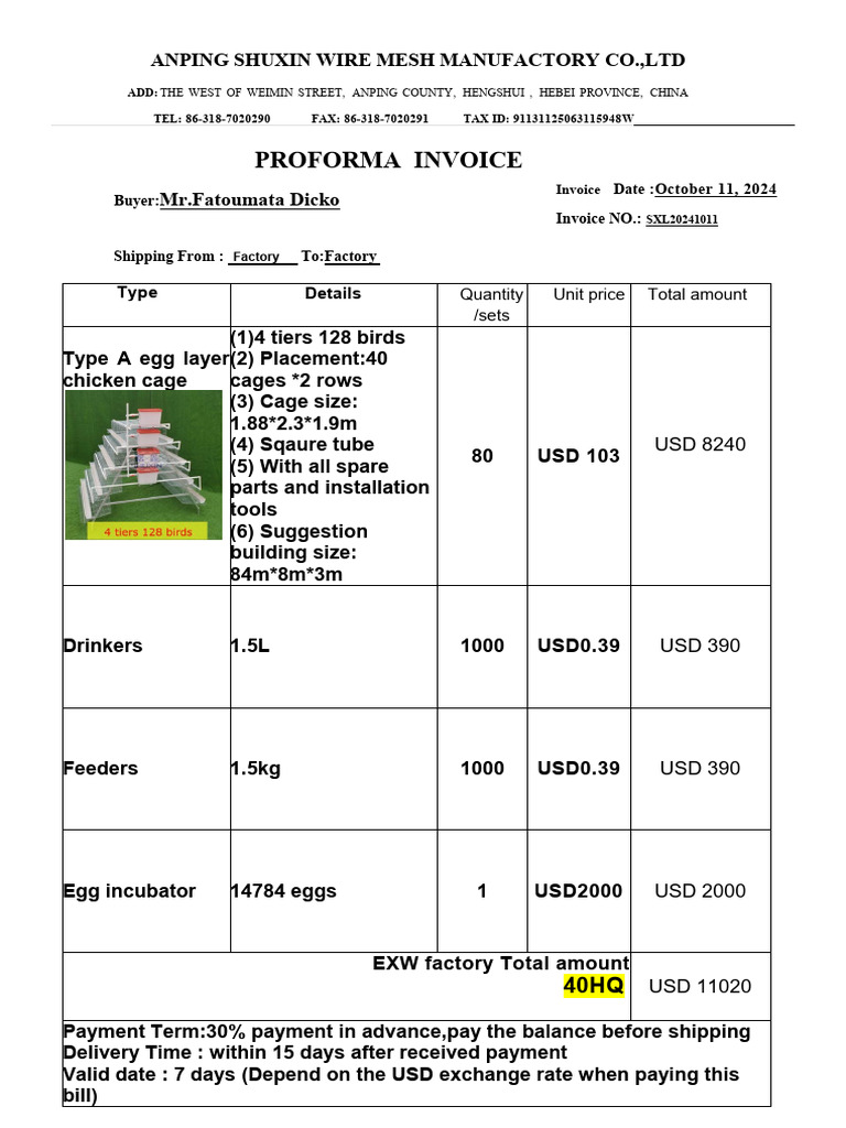 2024-10-11 Fatoumata Dicko Layer Cage Quotation | PDF