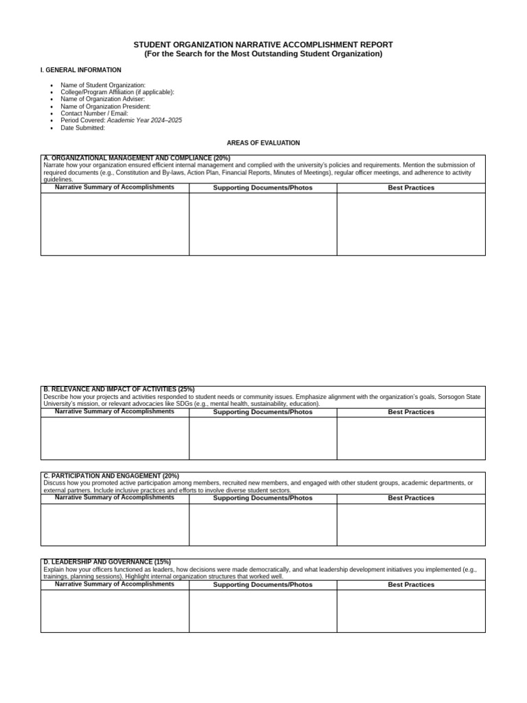 Student Organization Narrative Accomplishment Report | PDF | Governance ...