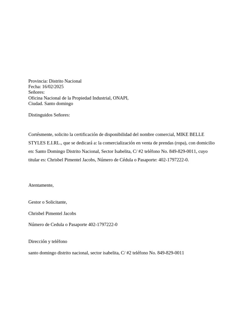 1.2 Carta Solicitud Onapi Chrisbel P Jacobs | PDF