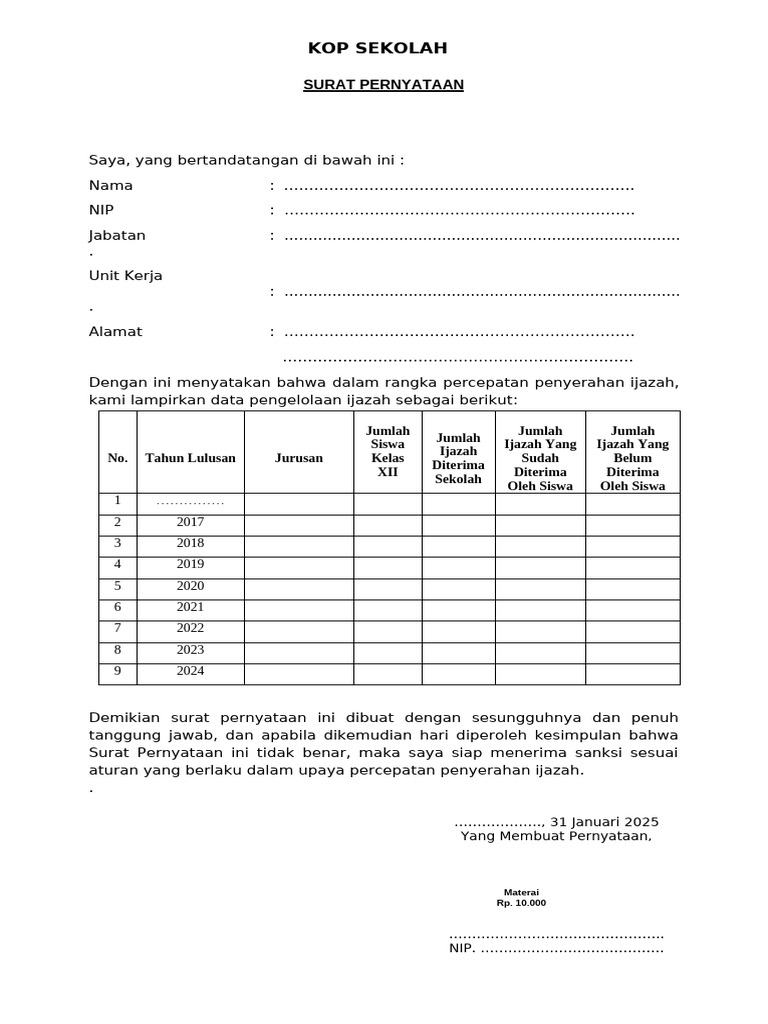 Surat Pernyataan Percepatan Ijazah | PDF