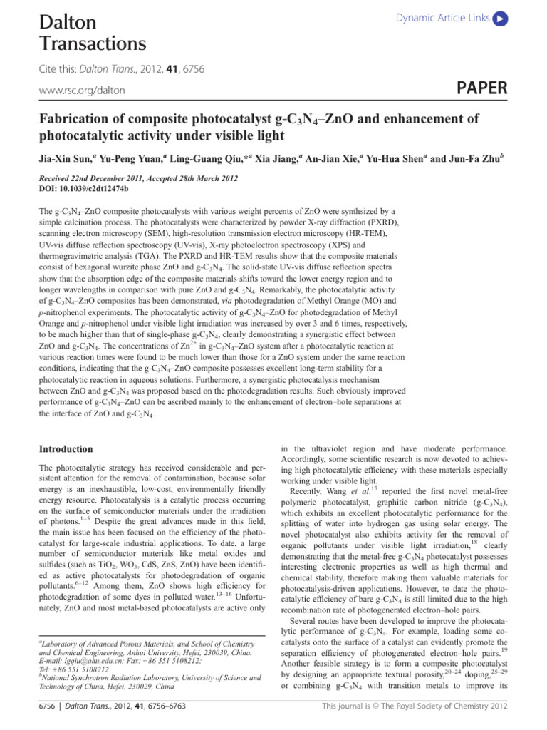 XPS Sun2012 | PDF | X Ray Photoelectron Spectroscopy | Zinc Oxide