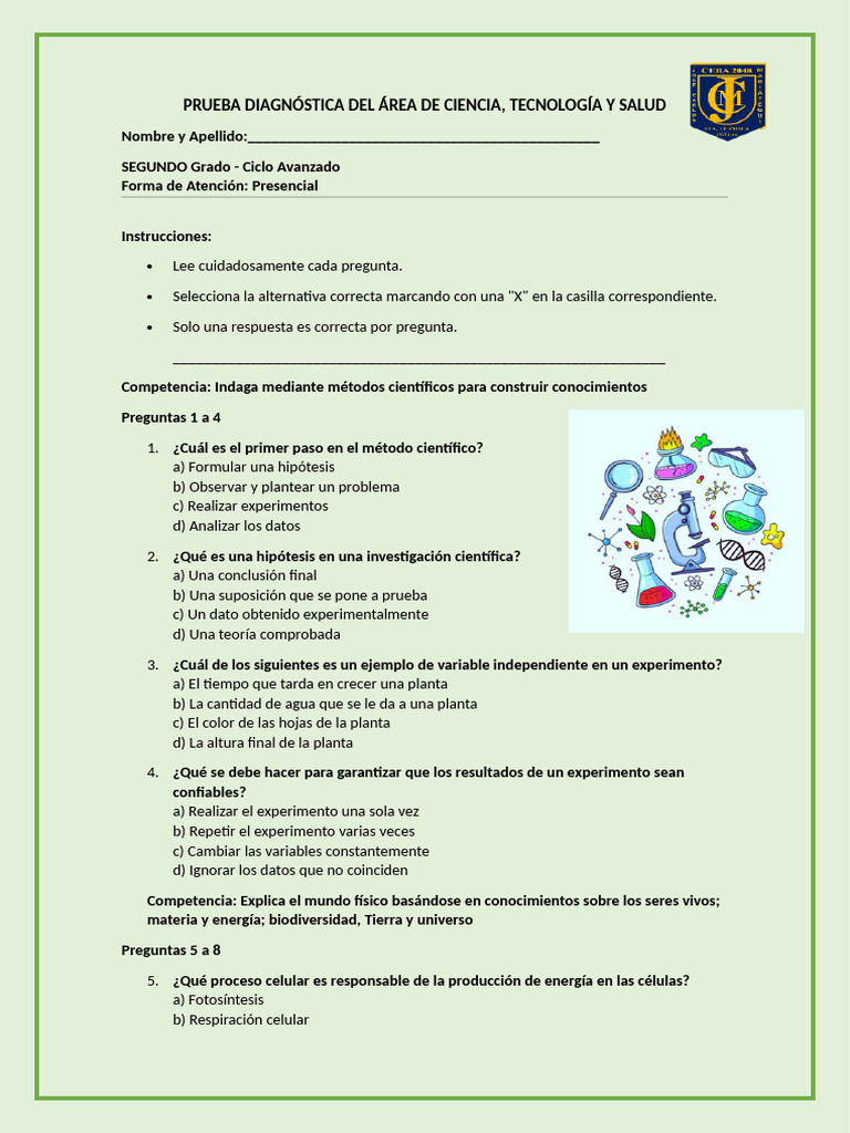 Prueba Diagnóstica Del Área de Ciencia Segundo | PDF | Experimentar ...