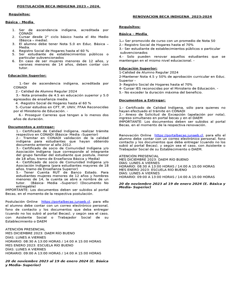 Listado 2023 - 2024 Documentos Beca Indigena | PDF