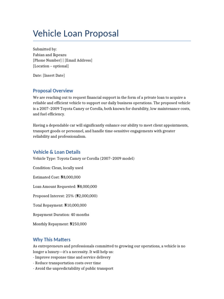Vehicle Loan Proposal Fabian Ikpeazu | PDF