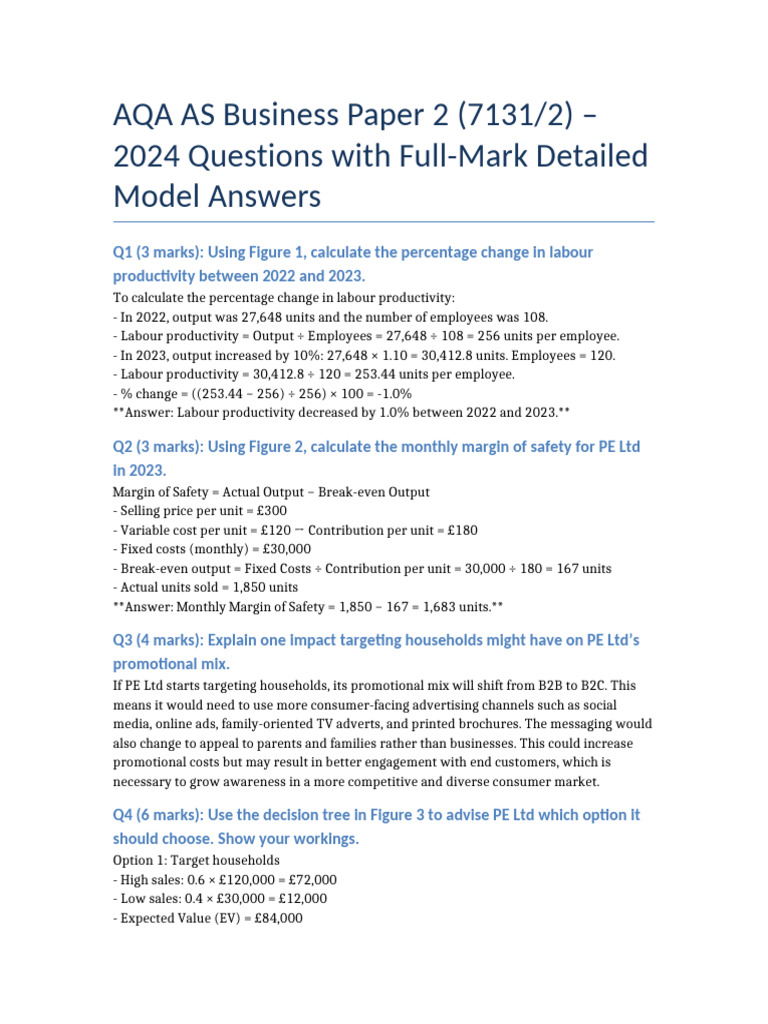 AQA As Business Paper2 2024 Detailed Model Answers | PDF | Employment | Turnover (Employment)