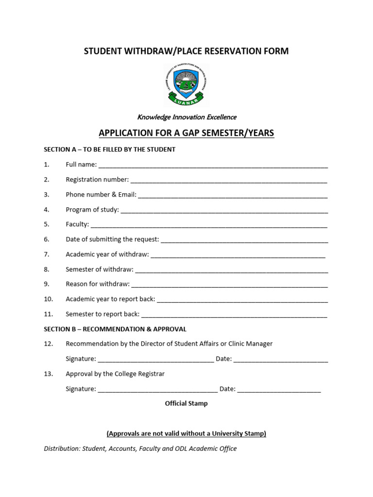 Student Gap Semester Withdrawal Form | PDF