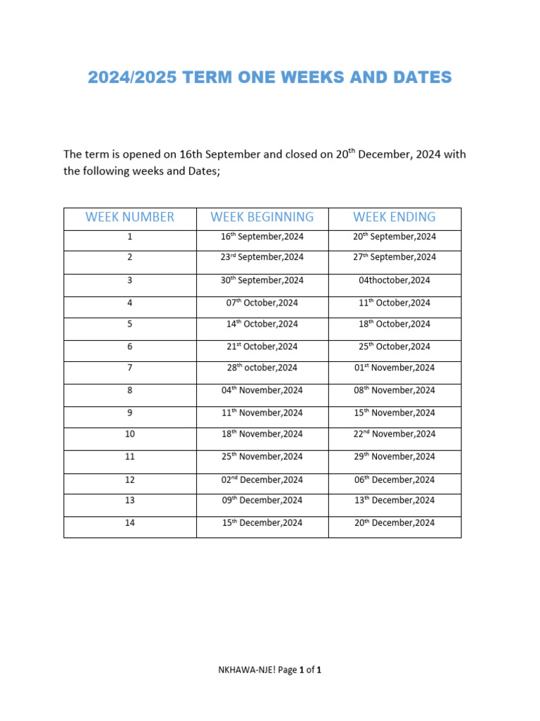 Term 1 Weeks and Dates Nkhawa Nje! | PDF