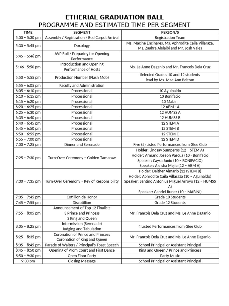 Etherial Graduation Ball Schedule | PDF