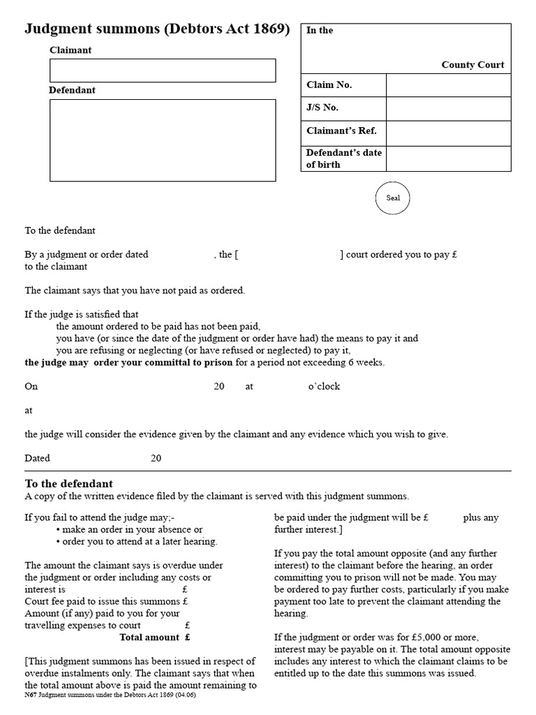 Judgment Summons (Debtors Act 1869) : in The County Court Claim No. J/S ...