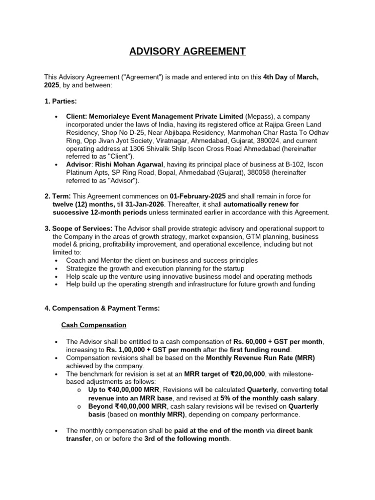 Advisory Agreement for Strategic Advisor | PDF | Share Repurchase ...