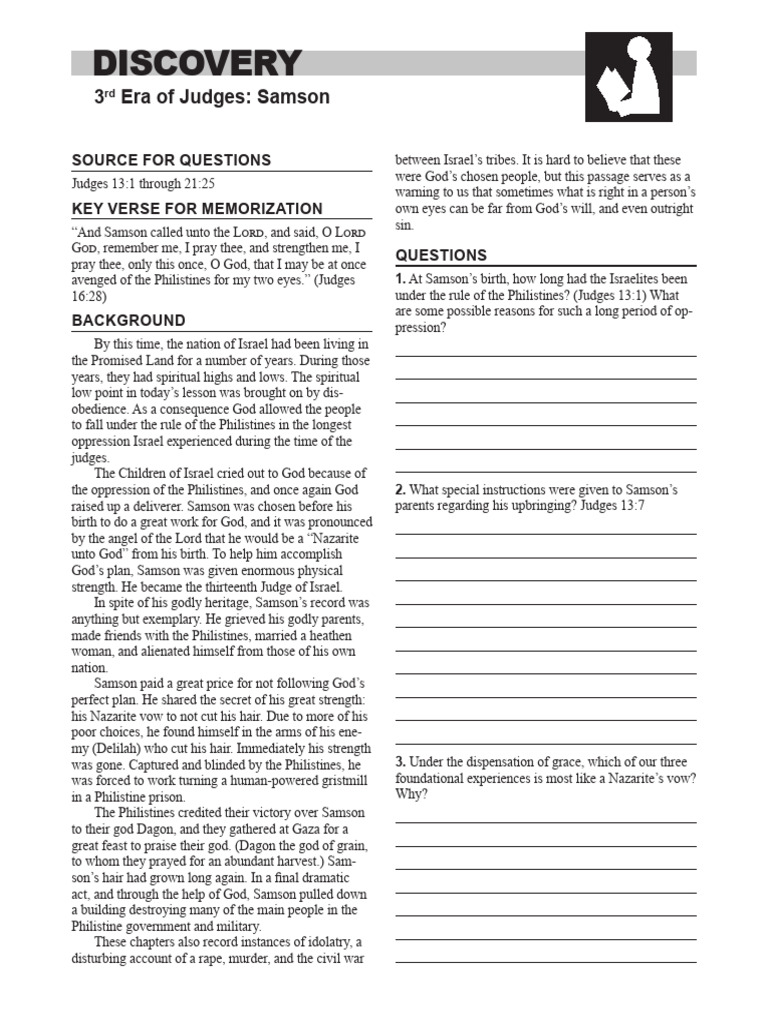 Bible Study Lesson 204 - Third Era of Judges - Samson - Student's | PDF ...