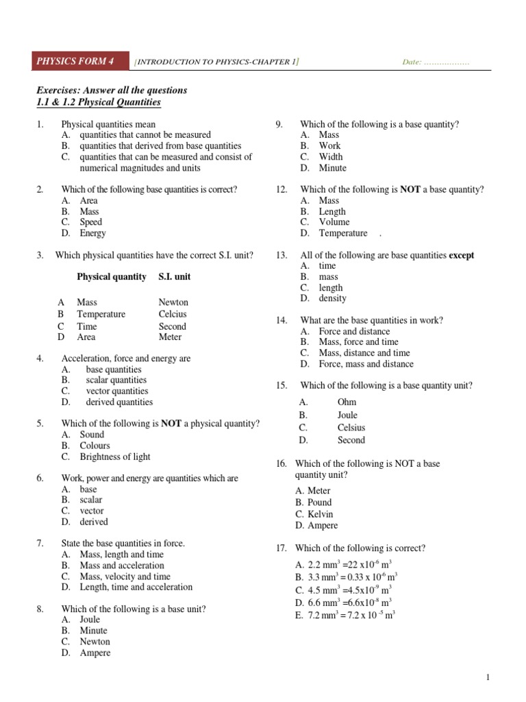 Physical Quantities and Measurement Exercises | PDF | Quantity | Kilogram