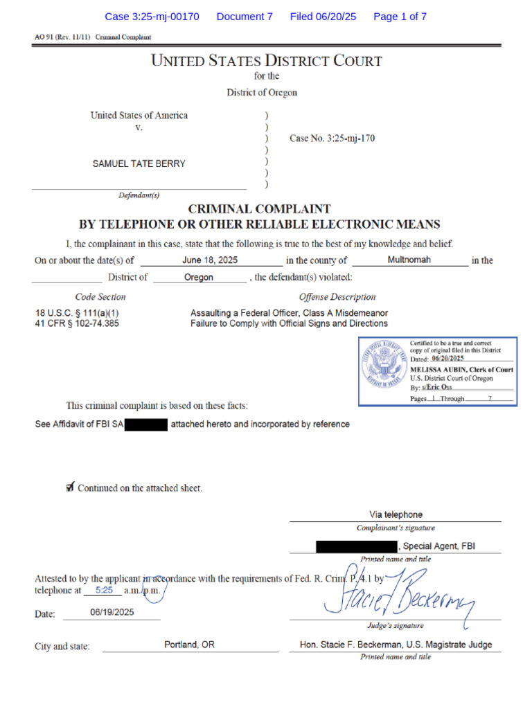 FBI Complaint - Samuel Tate Berry | PDF | Complaint | Title 18 Of The ...
