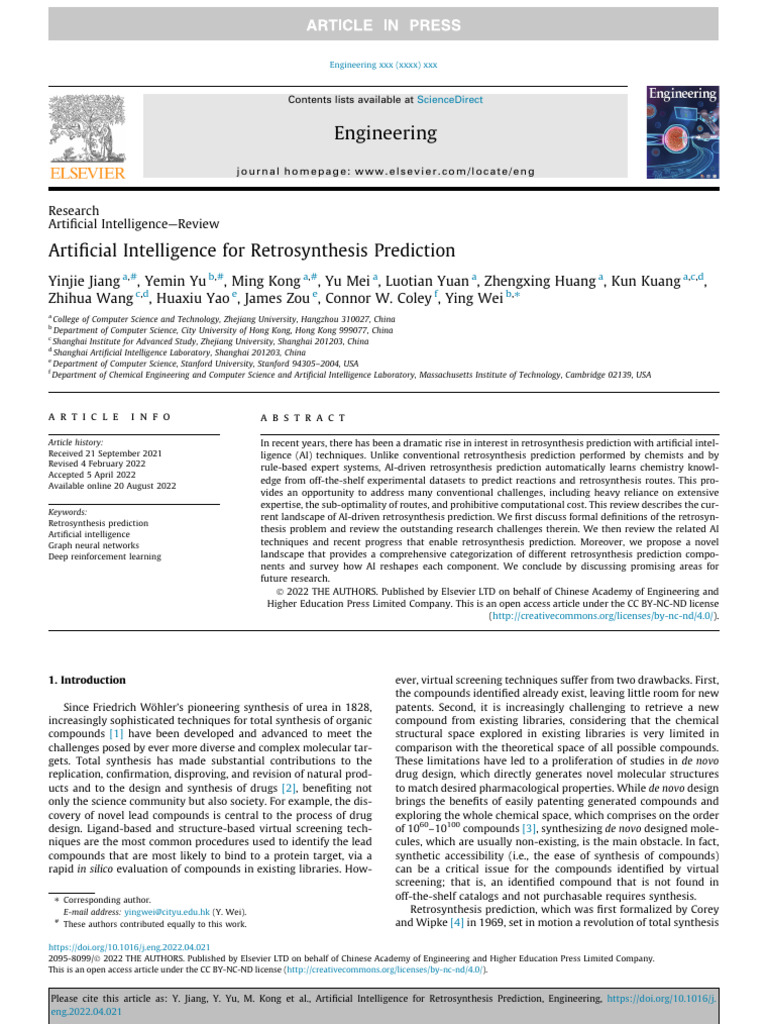 Jiang Et Al. - 2022 - Artificial Intelligence For Retrosynthesis Predict | PDF | Chemical ...