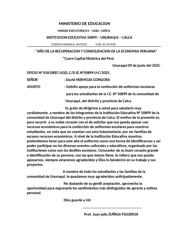 Oficio de Apoyo Economico Unuraqui 2025 | PDF