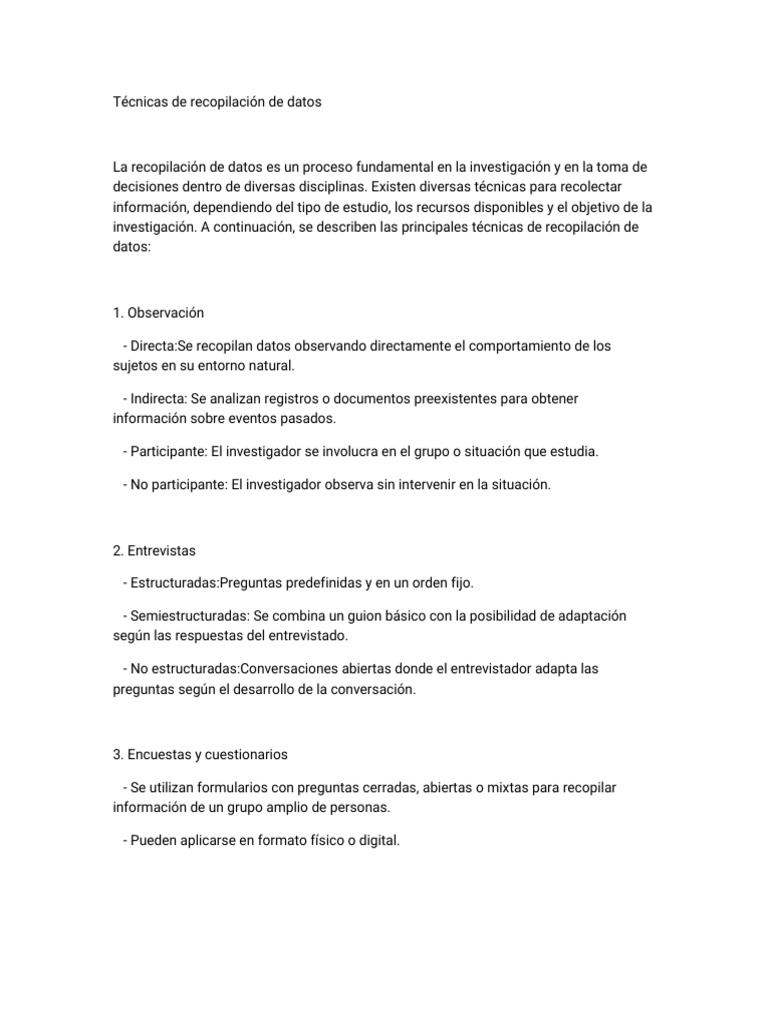 Técnicas de Recopilación de Datos | PDF