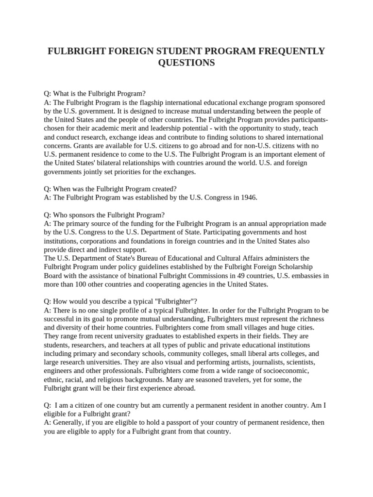 Fulbright Foreign Student Program Frequently Questions | PDF | Cost Of Living | Citizenship
