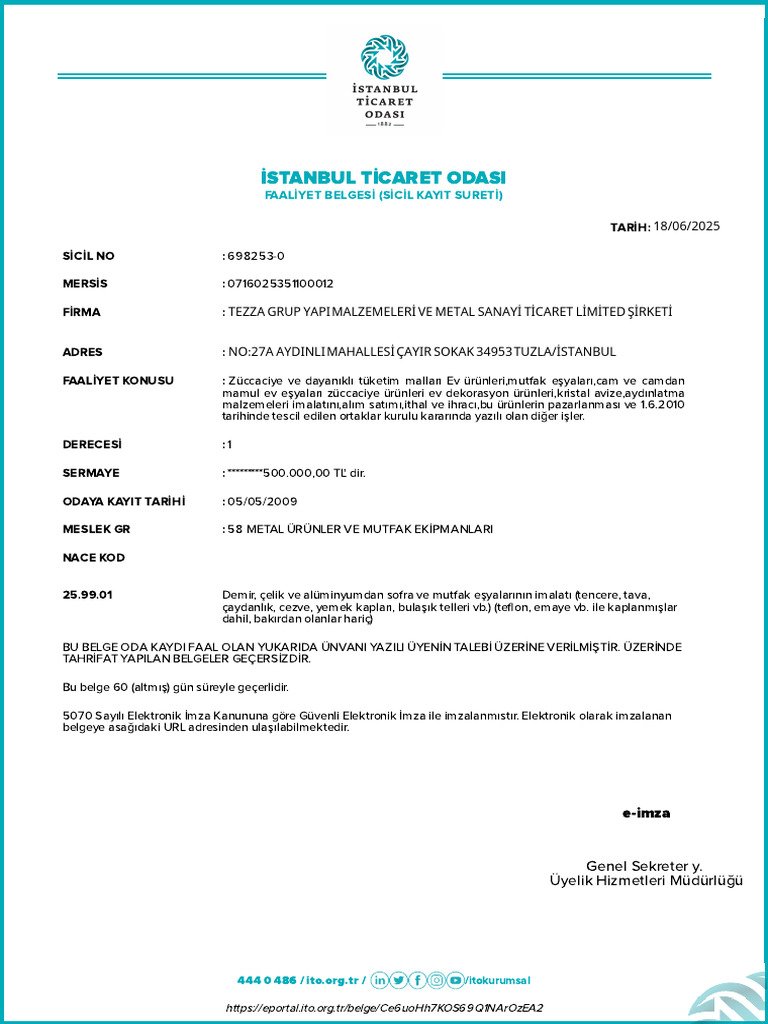 Tezza Grup Yapi Malzemeleri̇ Ve Metal Sanayi̇ Ti̇caret Li̇mi̇ted Şi̇rketi̇ | PDF
