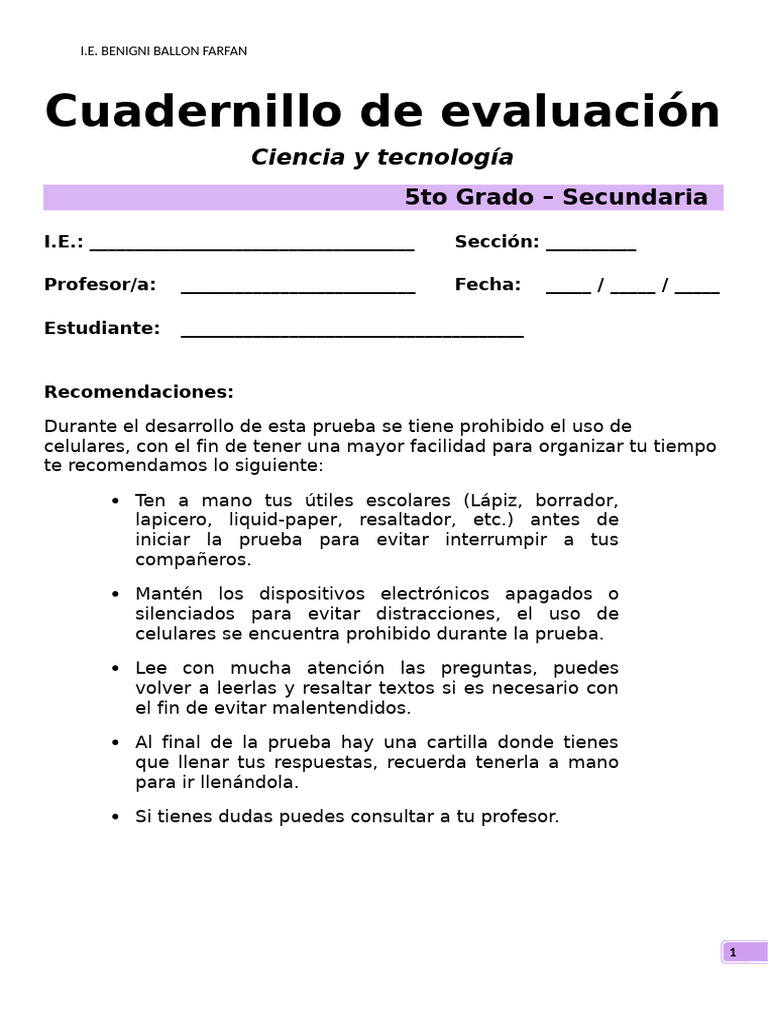 Evaluacion 5to Grado Ciencia y Tecnologia Con Respuestas 2024 1 | PDF ...