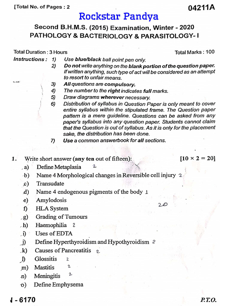 2nd BHMS (2015) - 2020 - Winter - Question Paper | PDF