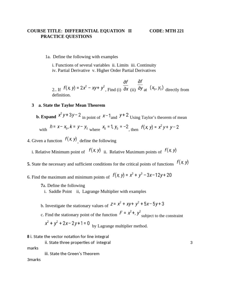 Differential Equations II Practice Questions | PDF