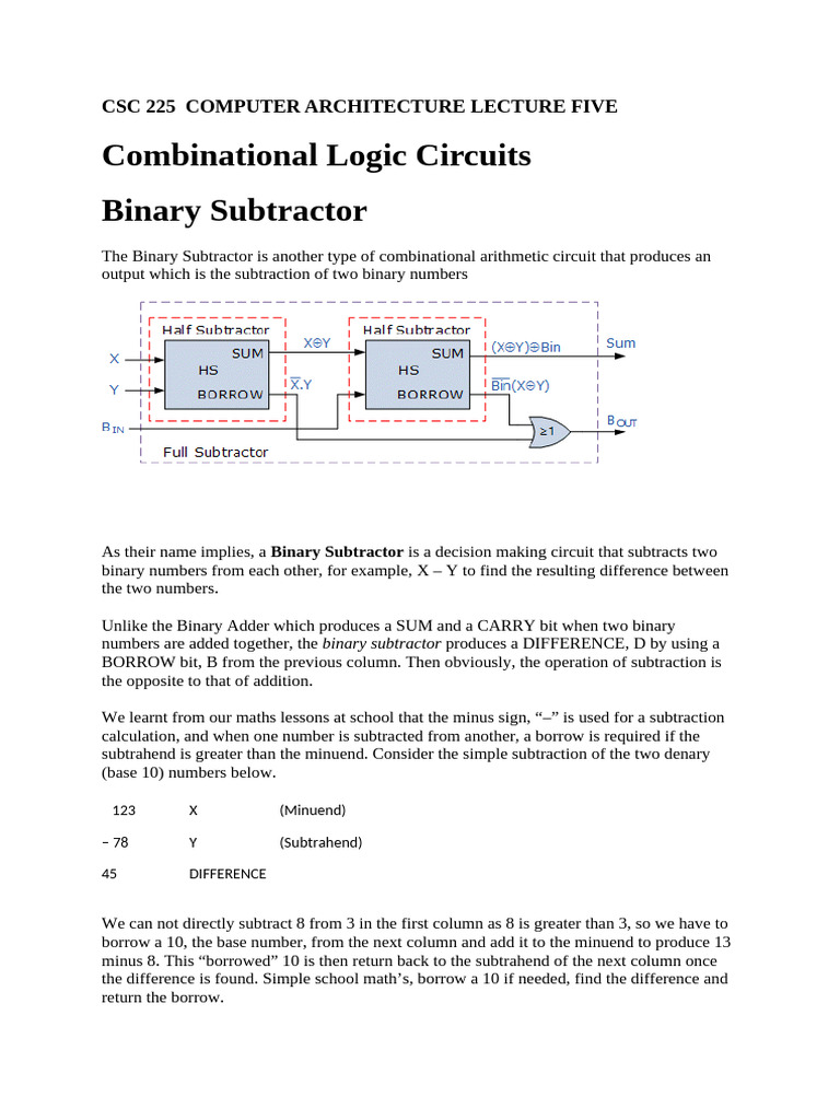 Csc 225 Combinational Circuit Lecture Five Pdf Subtraction Logic Gate