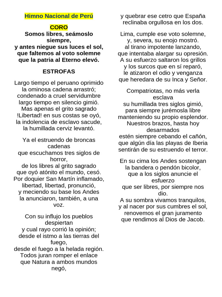 Himno Nacional del Perú: Libertad y Honor | PDF