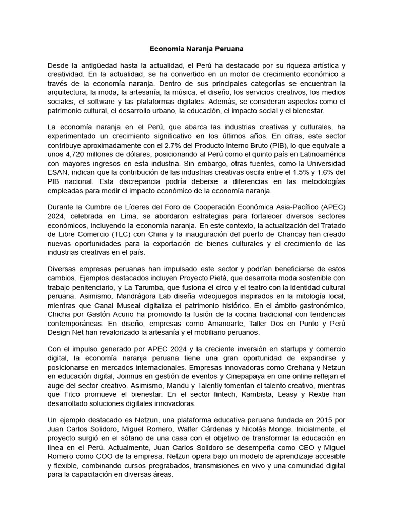 Economia Naranja Peruana | PDF | Perú | Producto Interno Bruto