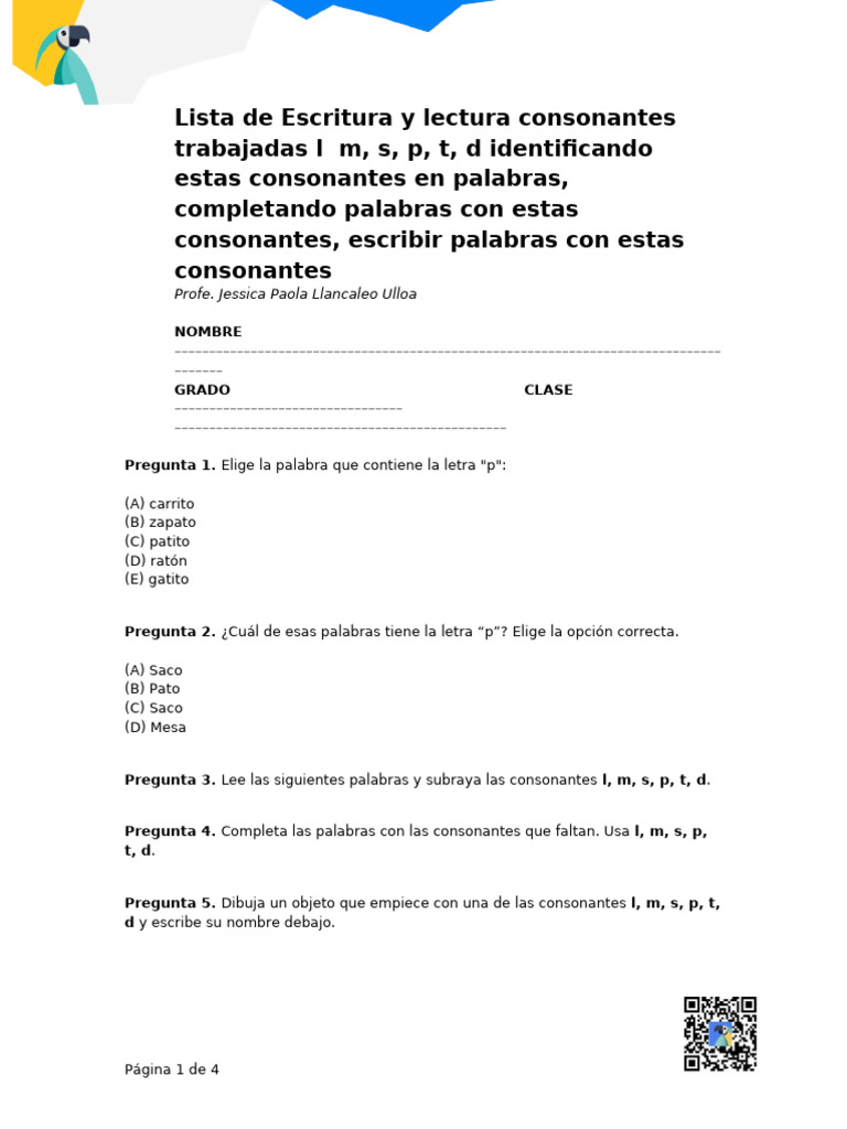 Lista de Escritura y Lectura Consonantes Trabajadas L M, S, P, T, D ...