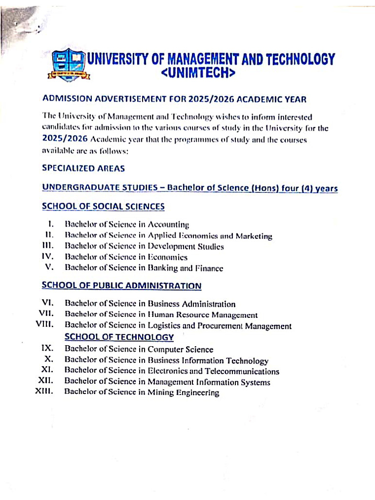 Unimtech 2025 2026 Admission Open | PDF