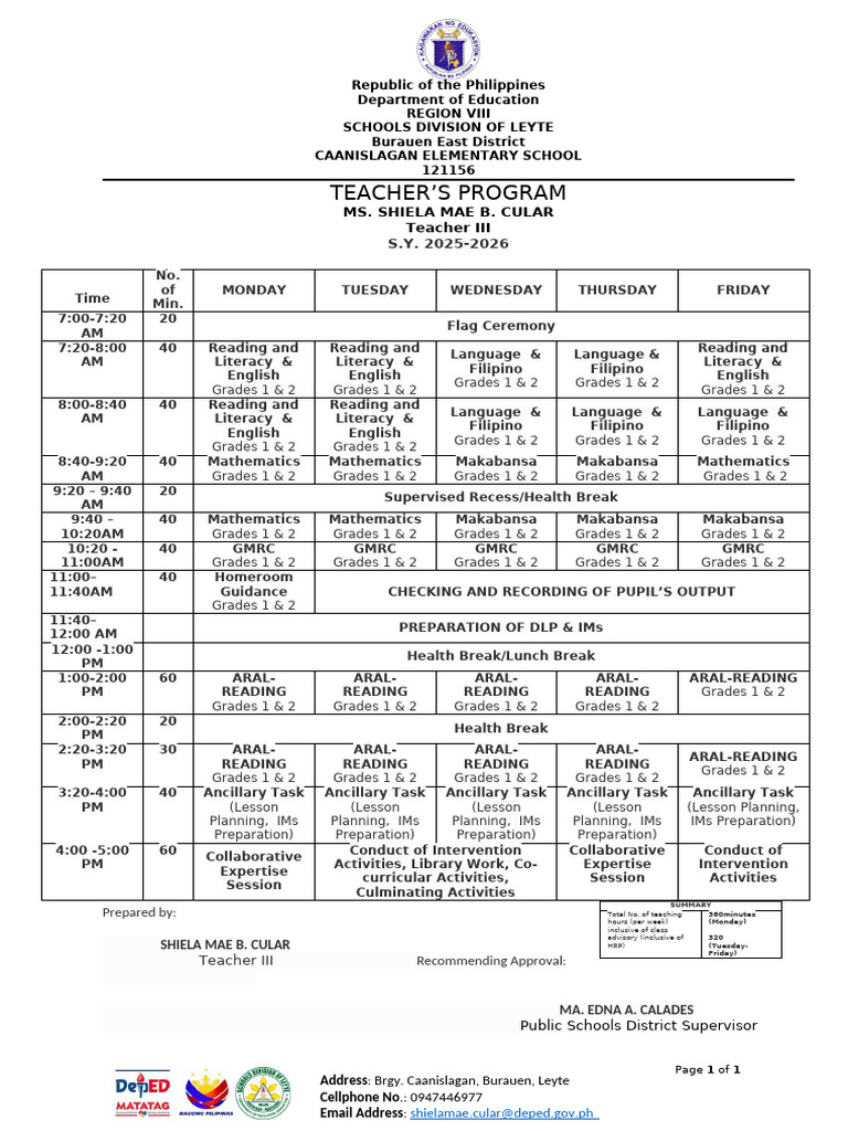 Grade 1 Class Program 2025-2026 | PDF | Human Communication | Learning