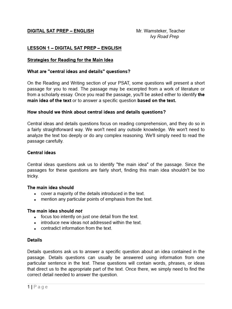 Strategies for Central Ideas Questions | PDF | Sat | Question