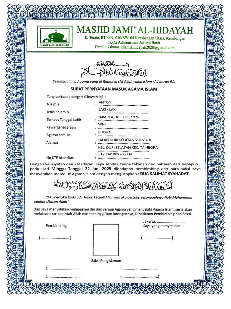 Surat Pernyataan Masuk Agama Islam 11 | PDF