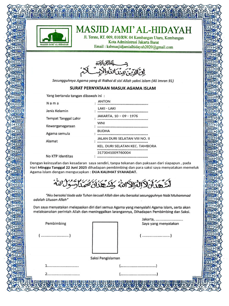 Surat Pernyataan Masuk Agama Islam | PDF