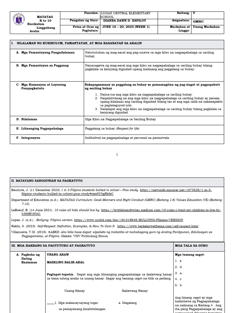 GMRC 5 DLL Matatag - q1 - w1 | PDF