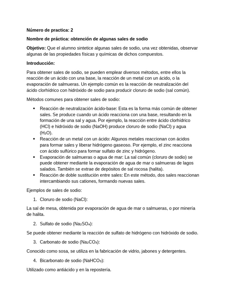 Obtención de Algunas Sales de Sodio | PDF | Sal (química) | Ácido ...