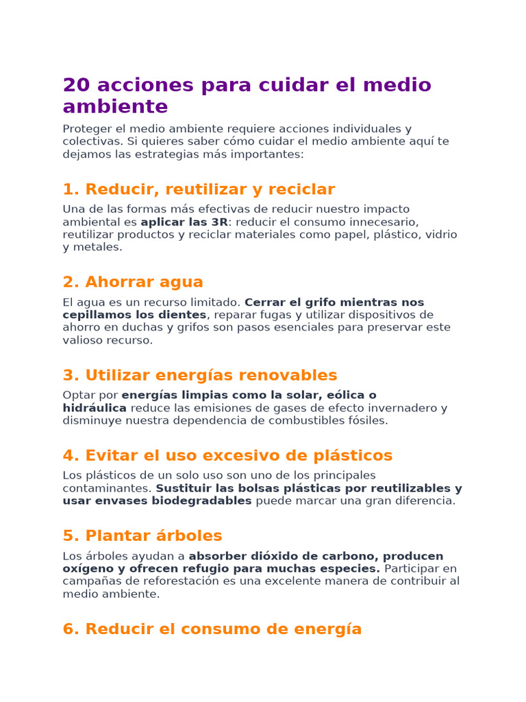 20 Acciones para Cuidar El Medio Ambiente | PDF | Residuos | Energía renovable