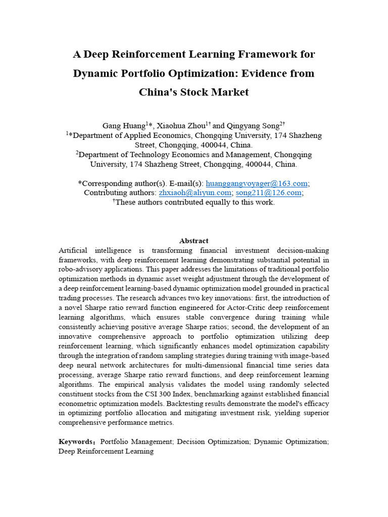 A Deep Reinforcement Learning Framework For Dynamic Portfolio ...