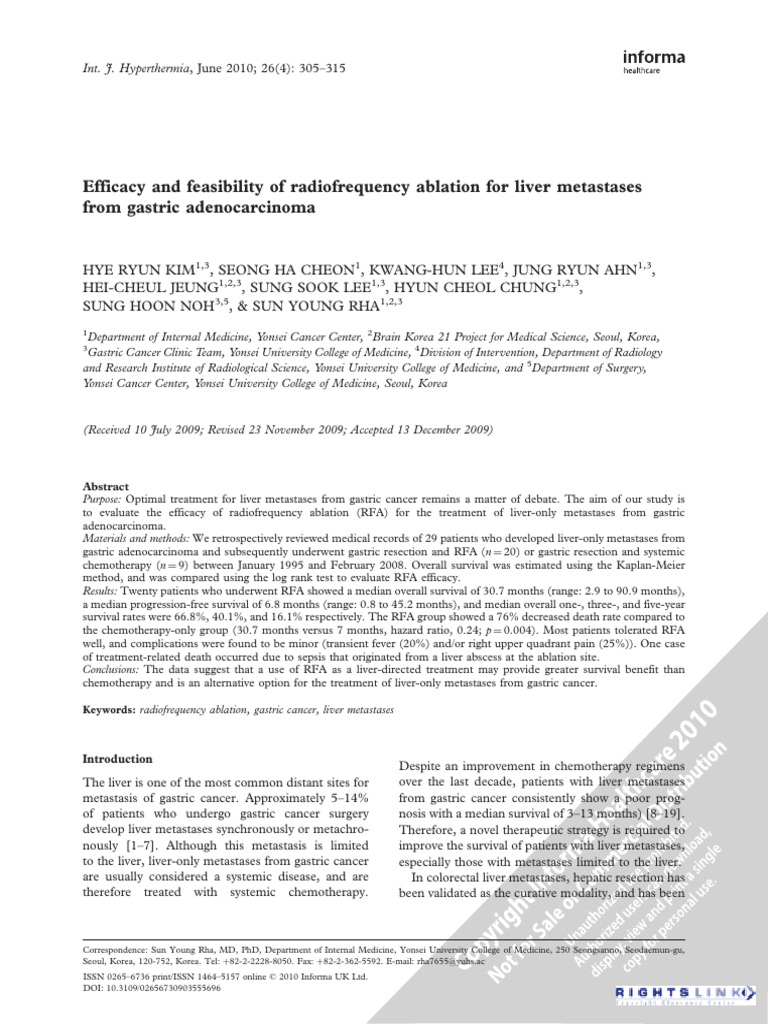Efficacy and Feasibility of Radiofrequency Ablation For Liver Metastases From Gastric ...