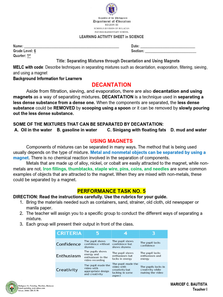 SCI6 - LAS - Q1 - M9-M10-MAGNET and DECANTATION | PDF | Chemical ...