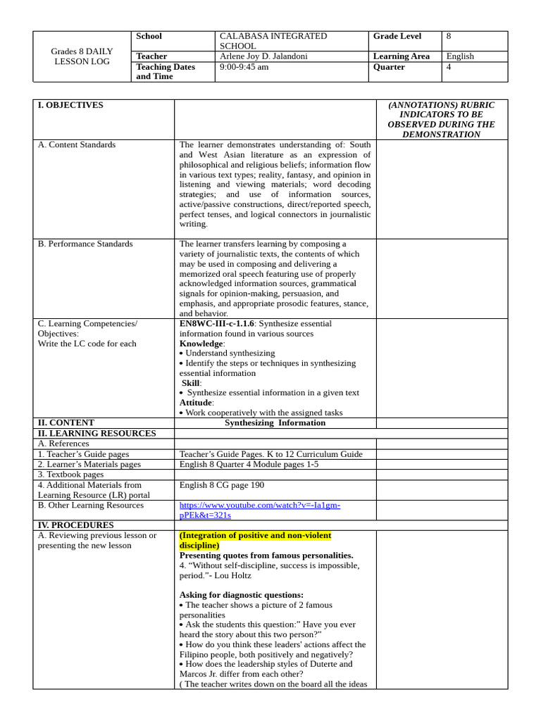 Grades 8 DAILY LESSON PLAN 4th Quarter | PDF | Learning | Teachers