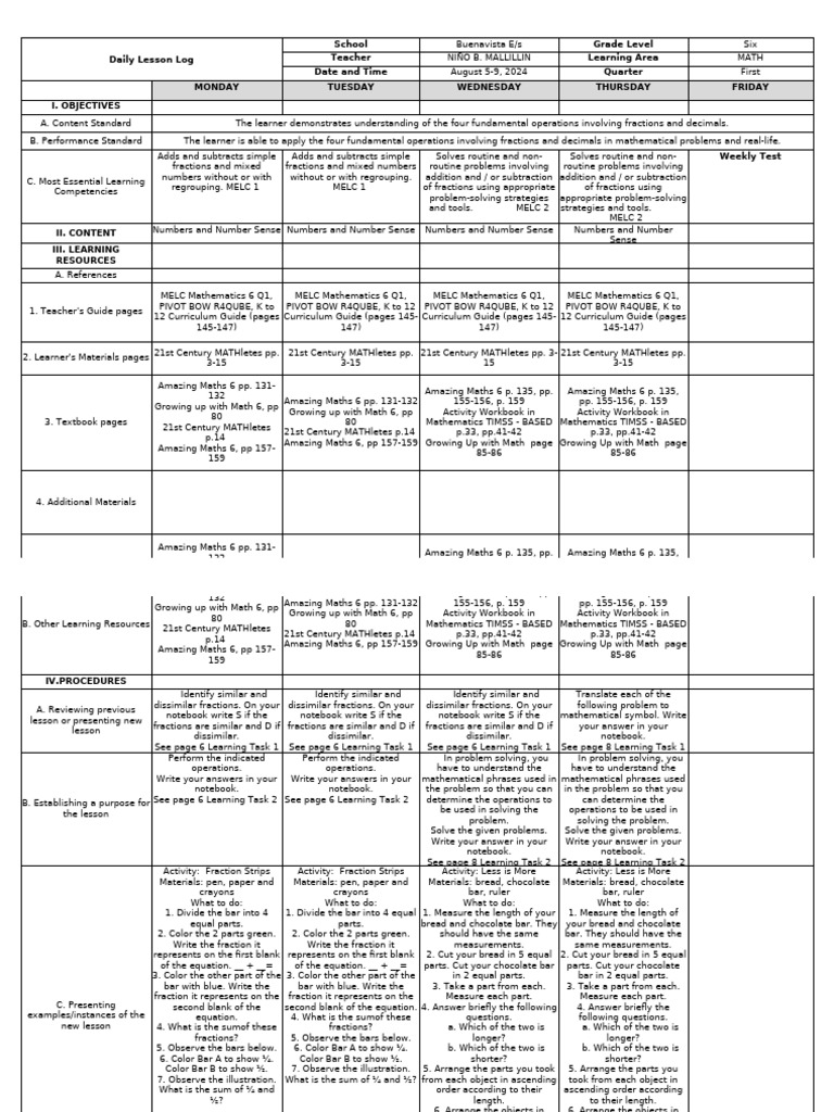 DLL Math 6 (1st Grading) Week - 2 | PDF | Learning | Mathematics