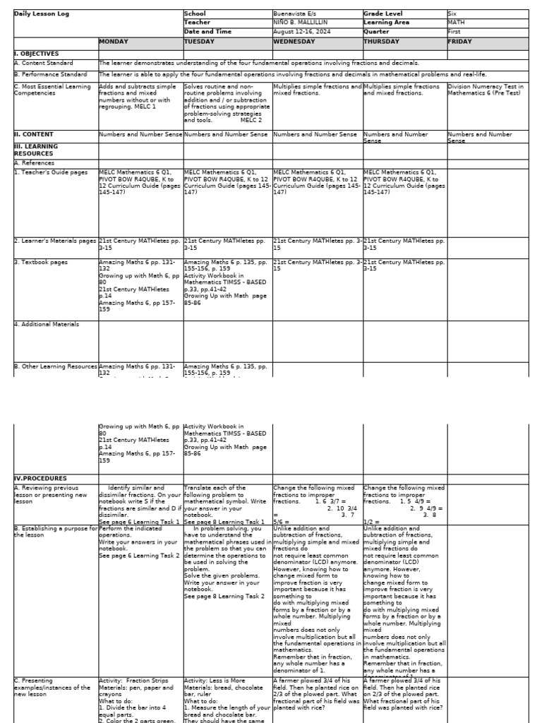 DLL Math 6 (1st Grading) Week 3 | PDF | Multiplication | Arithmetic