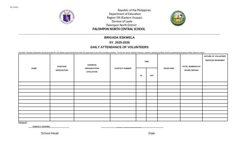 Brigada Eskwela Form 4 Daily Attendance of Volunteer 1 | PDF