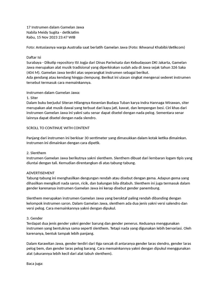 17 Instrumen Dalam Gamelan Jawa | PDF