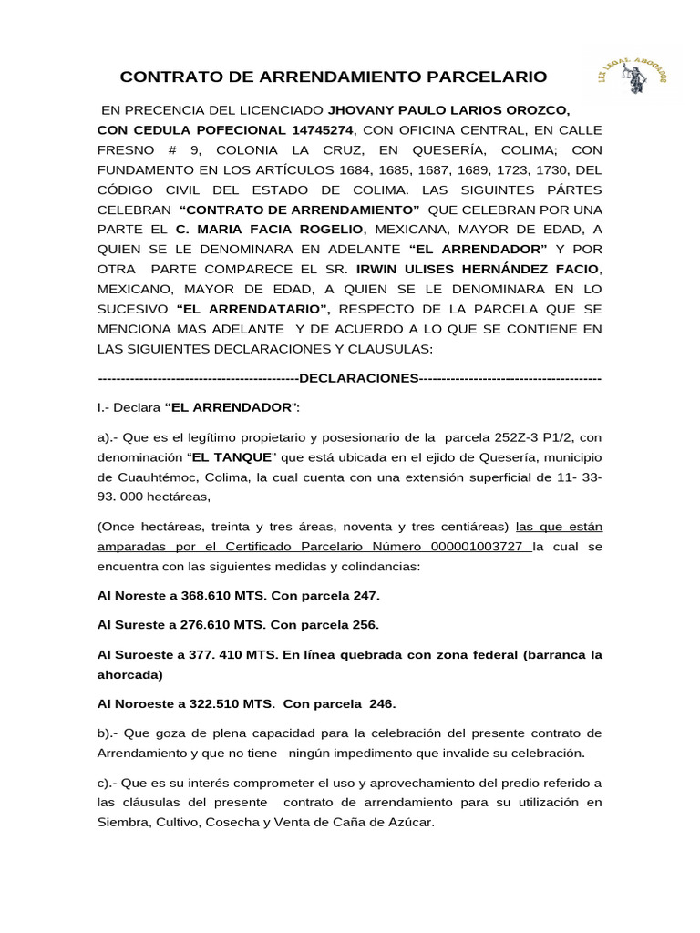 Contrato de Arrendamiento Parcelario 4444 | PDF | Ley de obligaciones | Derecho contractual