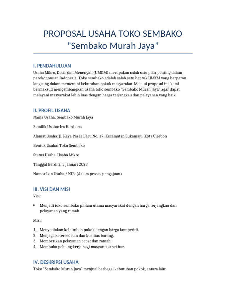 Proposal Usaha Toko Sembako Murah Jaya | PDF