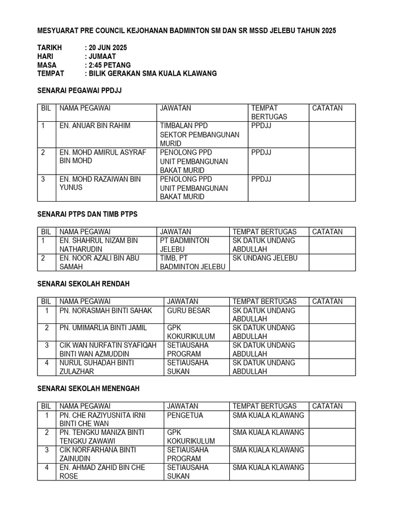Mesy. Pre Council Kejohanan Badminton SR & SM Jelebu 2025 | PDF